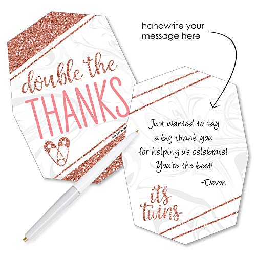 Big Dot of Happiness It's Twin Girls - Shaped - Pink and Rose Gold Baby Shower Thank You Note Cards with Envelopes - Set of 12