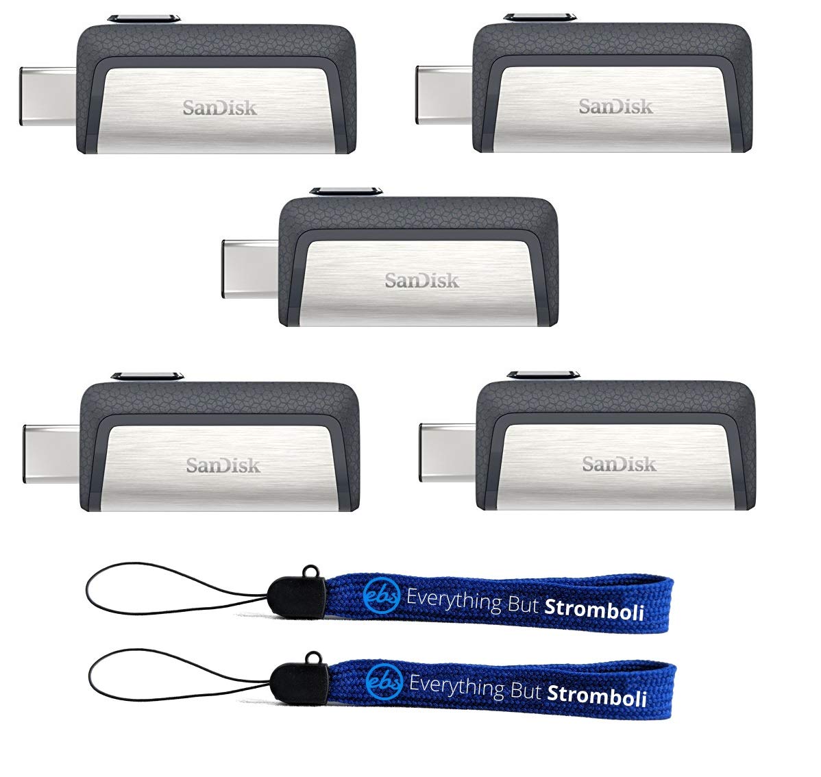 SanDisk Ultra 32GB Dual Drive USB Type-C (Five Pack) Works with Smartphones, Tablets, and Computers (SDDDC2-032G-G46) Bundle with (2) Everything But Stromboli Lanyard