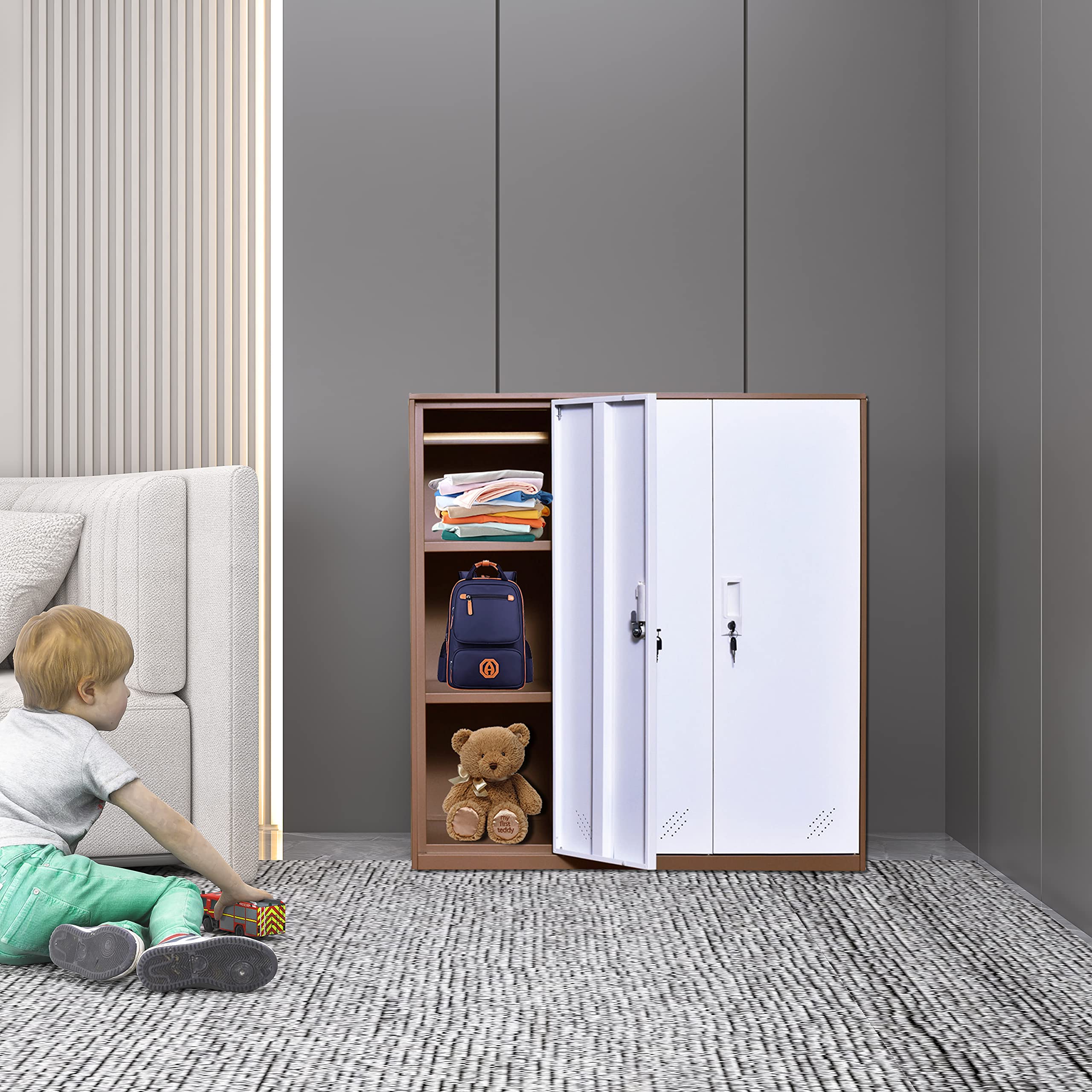 3 Door Small Bedroom Furniture,Metal Locker with Cloth Rail and Shelf,Kids Living Room Locker,Storage lockers for Office (3D)