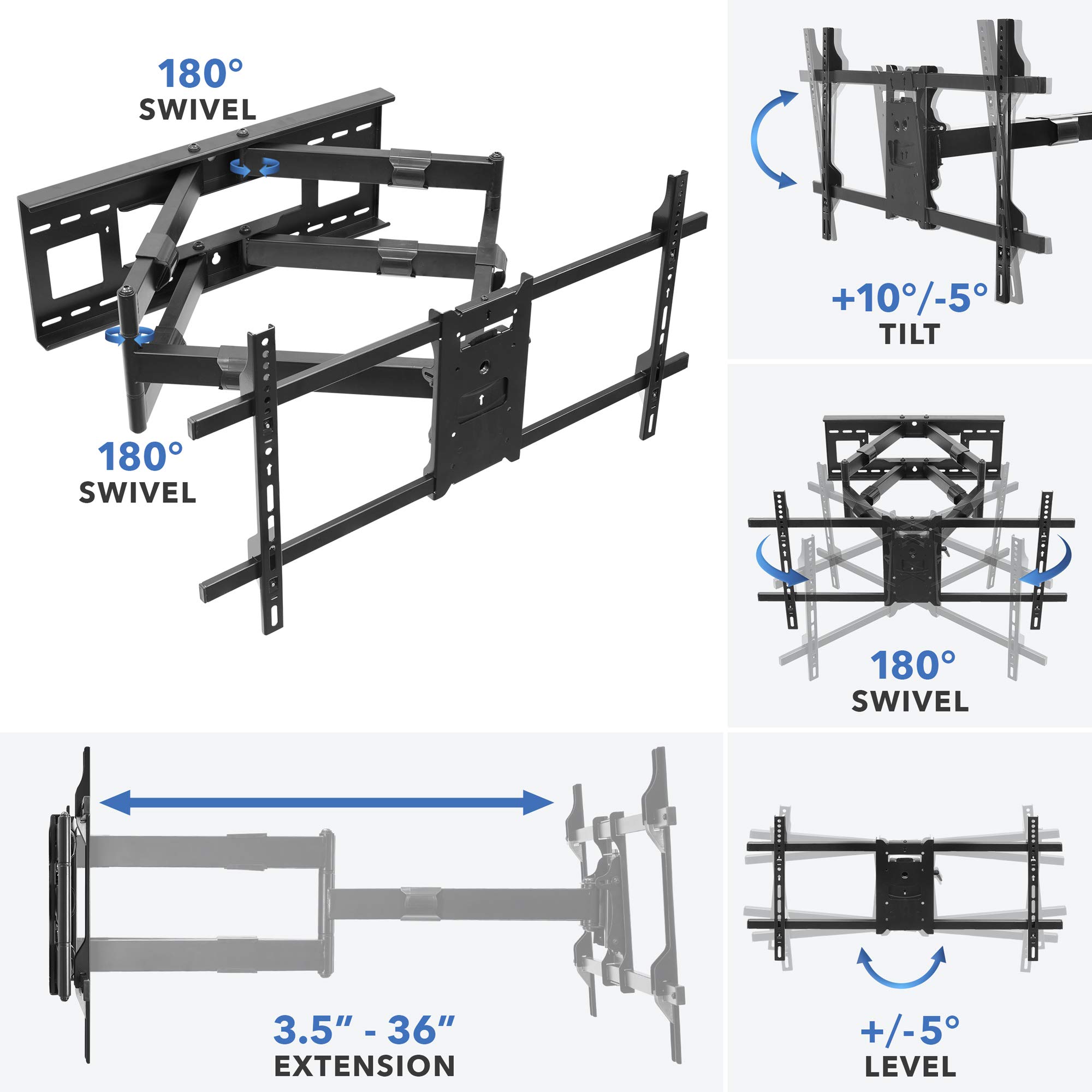 Mount-It! Long Extension TV Mount, Dual Arm Full Motion Wall Bracket with 36 inch Extended Articulating Arm, Fits Screen Sizes 50 55 60 65 70 75 80 85 90 Inch, VESA 800x400mm Compatible, 176 lb