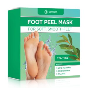 dermora foot peel mask - 2 pack of regular size skin exfoliating foot masks for dry, cracked feet, callus, dead skin remover - feet peeling mask for baby soft feet, tea tree scent