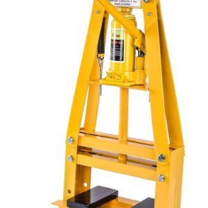 JEGS Hydraulic Shop Press | Steel With Yellow Finish | 6-Ton | Bench Top Mount | Up To 4 1/4-Inch Working Range | Includes 2 Press Plates | Lever-Action