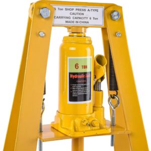 JEGS Hydraulic Shop Press | Steel With Yellow Finish | 6-Ton | Bench Top Mount | Up To 4 1/4-Inch Working Range | Includes 2 Press Plates | Lever-Action