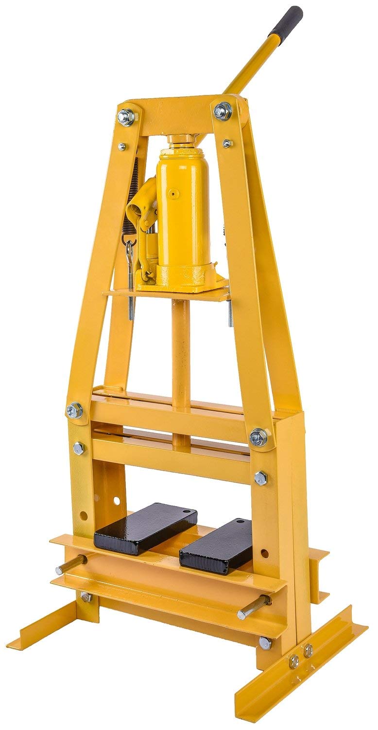 JEGS Hydraulic Shop Press | Steel With Yellow Finish | 6-Ton | Bench Top Mount | Up To 4 1/4-Inch Working Range | Includes 2 Press Plates | Lever-Action