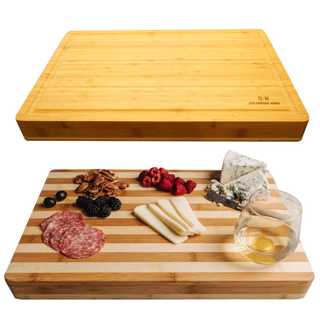 Reversible Cutting Board for Kitchen - a combo of EXTRA THICK multipurpose large chopping board (17 x 11.8 x 1.6) ; this butcher block makes great house warming presents and kitchen accessories