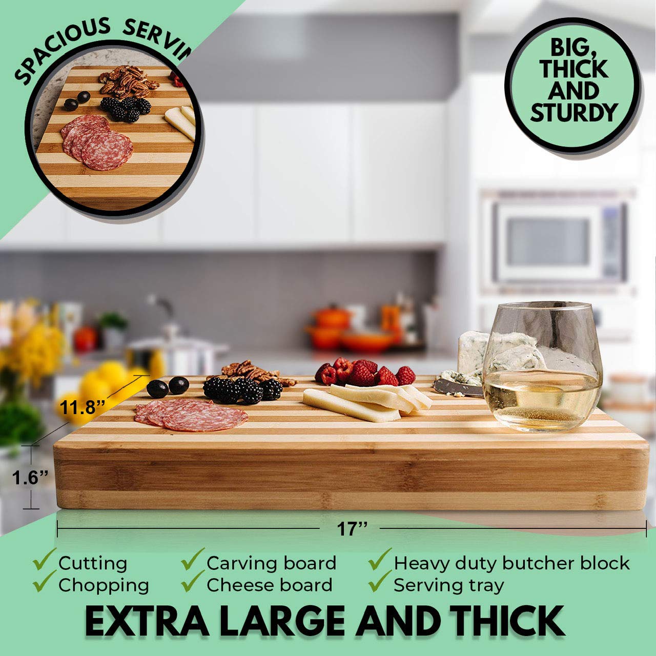 Reversible Cutting Board for Kitchen - a combo of EXTRA THICK multipurpose large chopping board (17 x 11.8 x 1.6) ; this butcher block makes great house warming presents and kitchen accessories