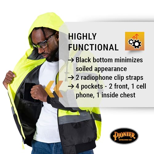 Pioneer Hi Vis Safety Bomber for Men - Waterproof, Reflective, ANSI Class 3, Winter Rain Jacket with Detachable Hood