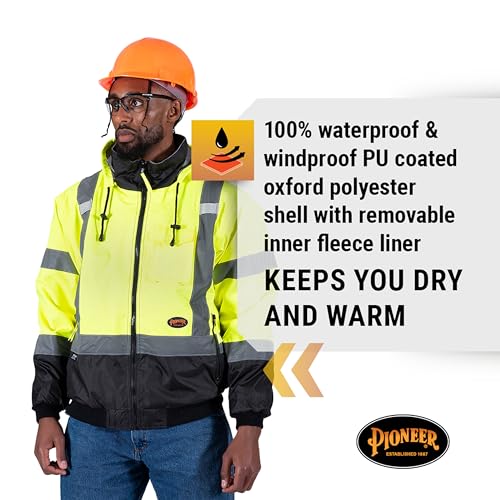 Pioneer Hi Vis Safety Bomber for Men - Waterproof, Reflective, ANSI Class 3, Winter Rain Jacket with Detachable Hood