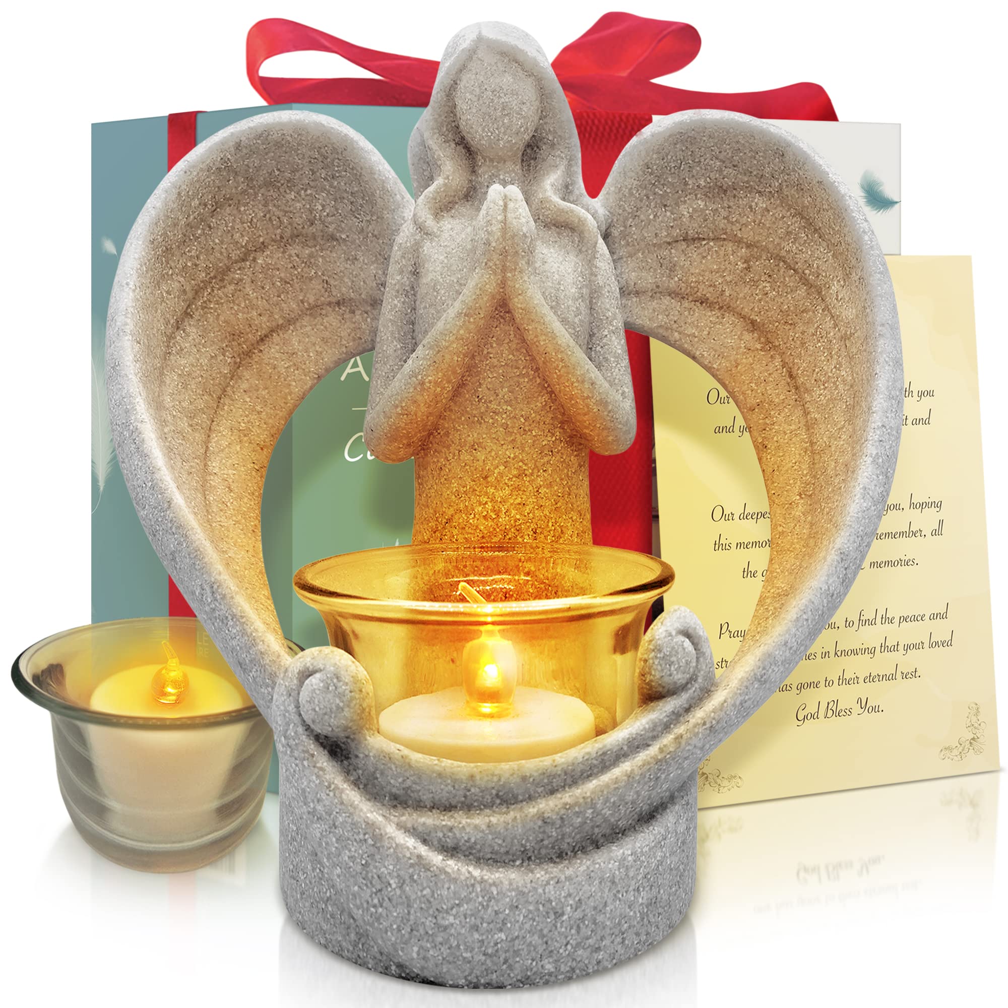 OakiWay Memorial Gifts – Angel Figurines Tealight Candle Holder, Sympathy Gifts for Loss of Loved One, W/Flickering Led Candle, Bereavement, Grief, Funeral, Remembrance, Memory Home Decorations