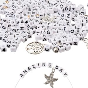 1670 pcs letter beads acrylic square beads for bracelets, heflashor cube letter beads kits for kids friendship bracelets, square alphabet heart beads for jewelry making/necklaces, 6 x 6mm (white)