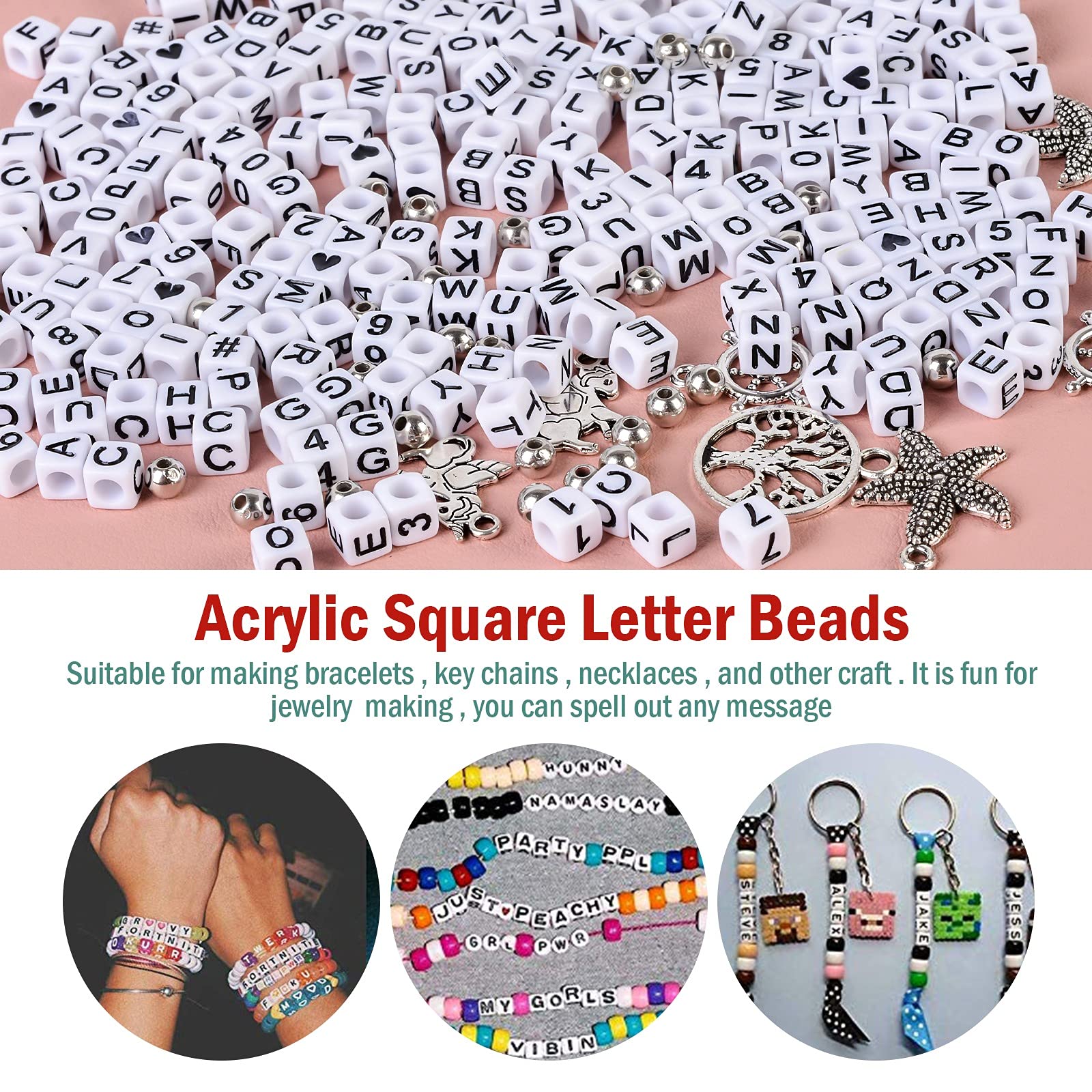 1670 PCS Letter Beads Acrylic Square Beads for Bracelets, Heflashor Cube Letter Beads Kits for Kids Friendship Bracelets, Square Alphabet Heart Beads for Jewelry Making/Necklaces, 6 X 6mm (White)