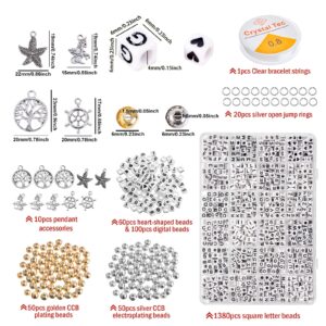 1670 PCS Letter Beads Acrylic Square Beads for Bracelets, Heflashor Cube Letter Beads Kits for Kids Friendship Bracelets, Square Alphabet Heart Beads for Jewelry Making/Necklaces, 6 X 6mm (White)