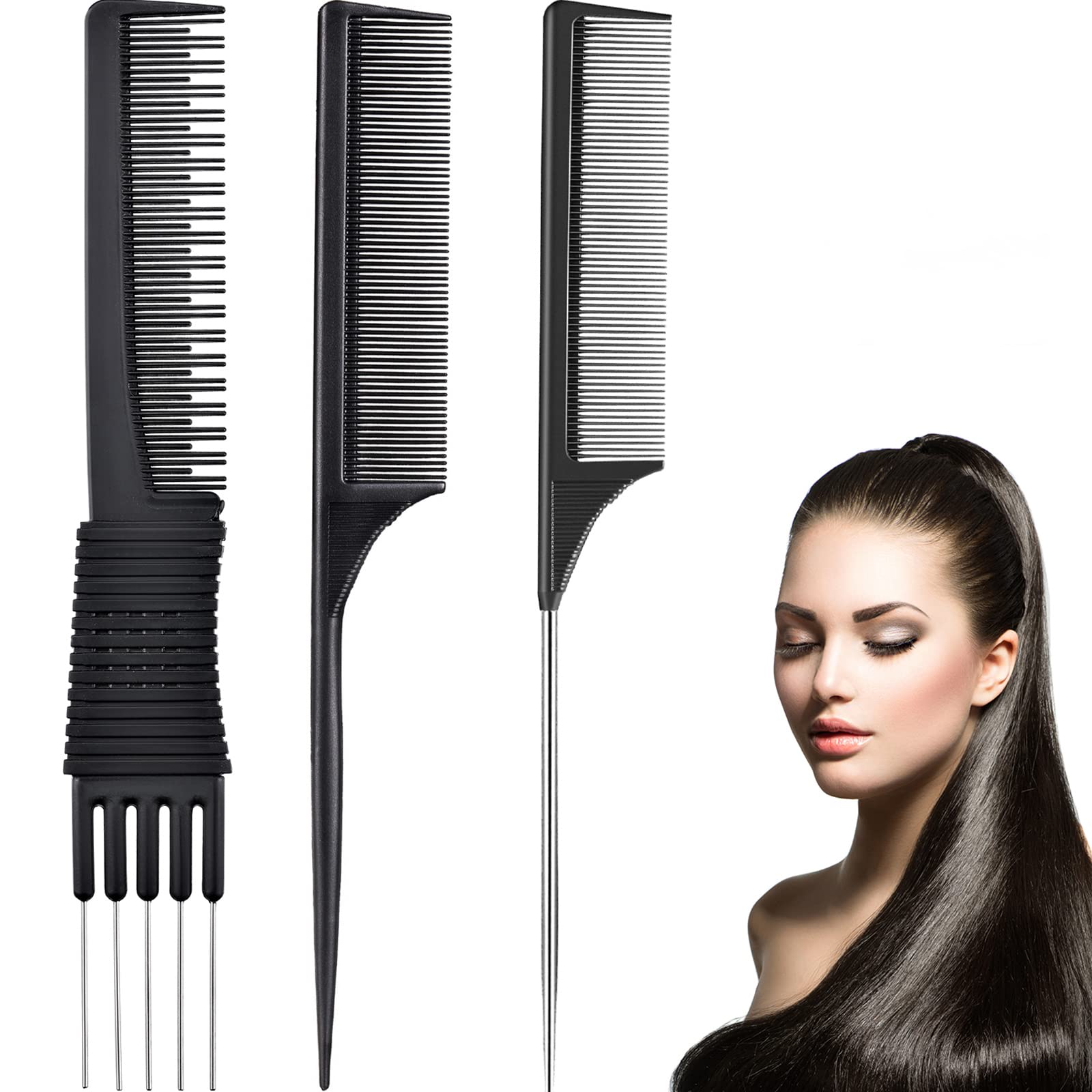 3 Pack Black Carbon Lift Teasing Combs with Metal Prong, Salon Teasing Back Combs, Black Carbon Comb with Stainless Steel Lift (Style H)