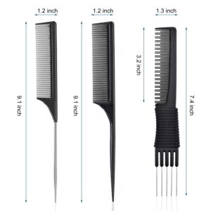 3 Pack Black Carbon Lift Teasing Combs with Metal Prong, Salon Teasing Back Combs, Black Carbon Comb with Stainless Steel Lift (Style H)