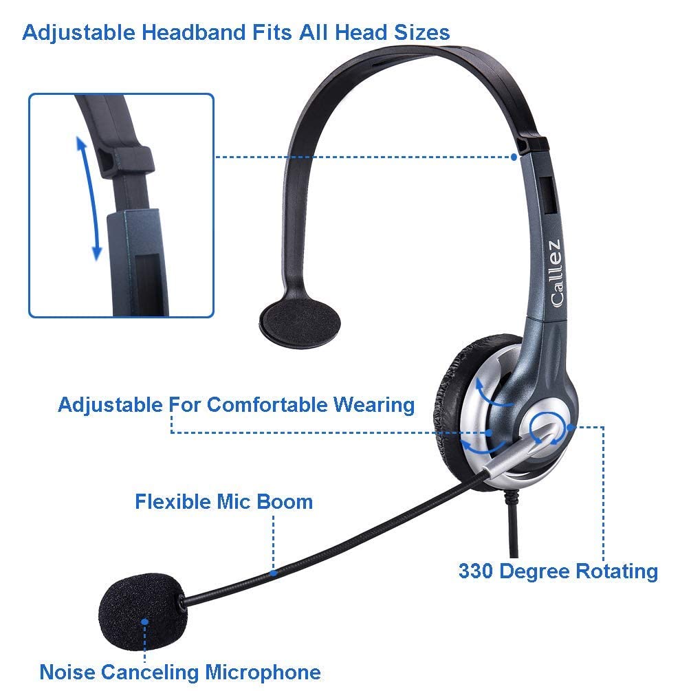 Callez Corded RJ9 Telephone Headset Mono with Noise Canceling Mic Compatible with ShoreTel 230 420 480 Polycom VVX310 VVX311 VVX410 VVX411 Avaya 1408 1416 5410 NEC Nortel Office Landline Deskphones