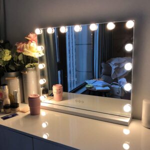 fenchilin vanity mirror with lights, hollywood lighted makeup mirror with 15 dimmable led bulbs for dressing room & bedroom, slim metal frame design, white