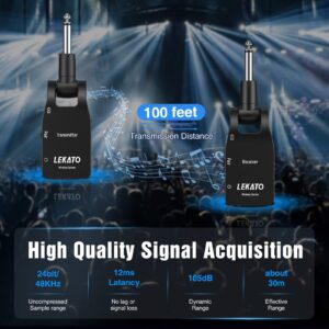 LEKATO Wireless Guitar Transmitter Receiver Rechargeable 2.4GHz Wireless Guitar System 6 Channels Wireless Audio System 100ft Transmission Range for Electric Guitar Bass(WS-10)