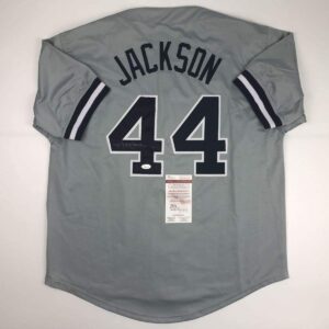 autographed/signed reggie jackson new york grey baseball jersey jsa coa