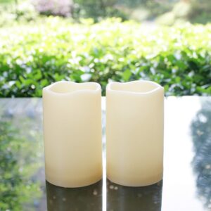 flameless led candles battery operated outdoor indoor flickering pillar candles with timer water resistant long lasting candle lights for wedding party centerpiece home garden decorations 3"x5" 2-pack