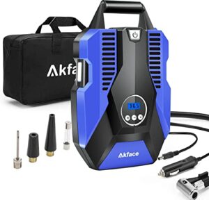 akface tire inflator portable air compressor 150 psi, 12v dc air pump with carring bag - w/led light- auto shut off feature, air pump for car,bike,balloon, blue