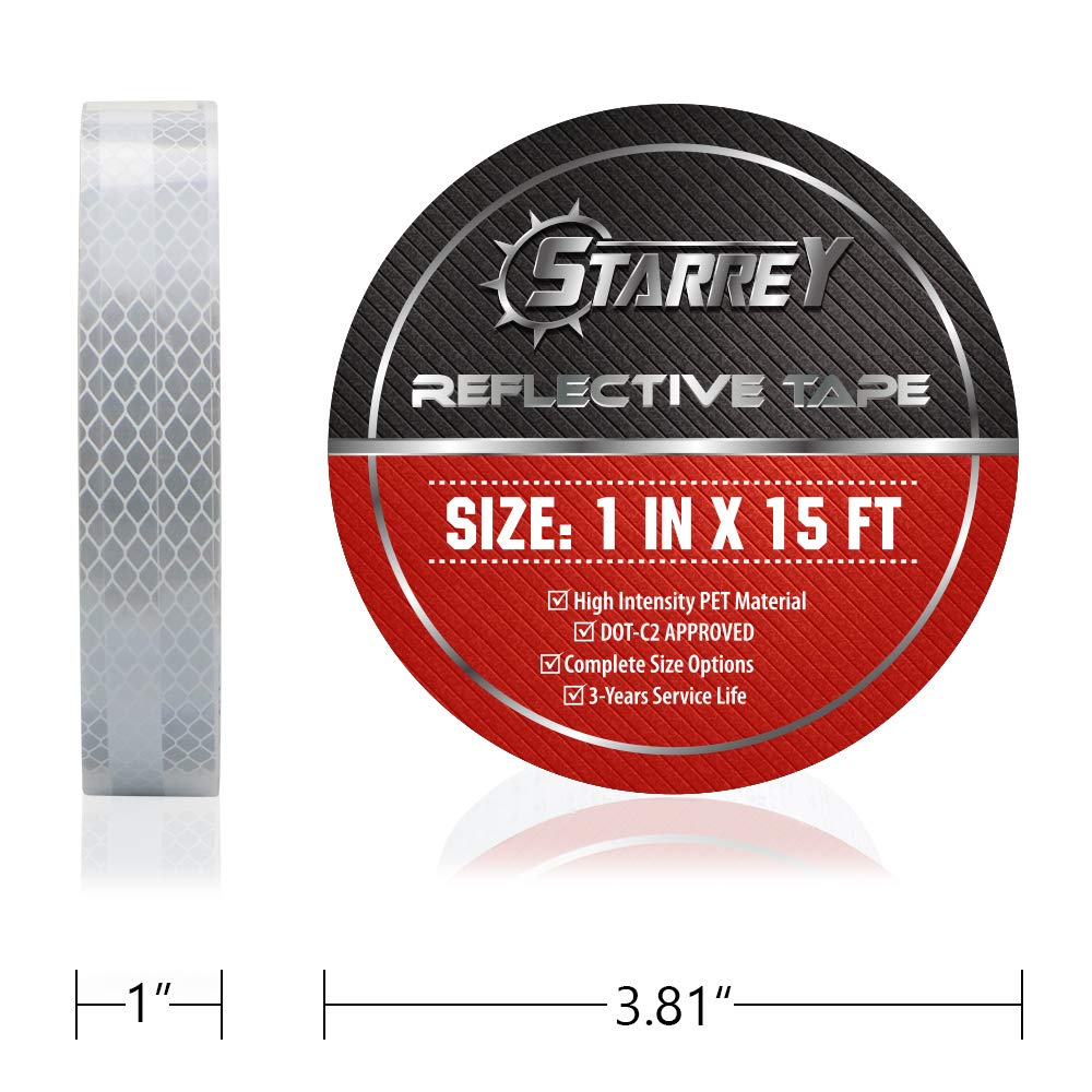 STARREY Reflective Tape 1 inch Wide 15 FT Long DOT-C2 High Intensity White - 1 inch Trailer Reflector Safety Conspicuity Tape for Vehicles Trucks Bikes Cargos Helmets