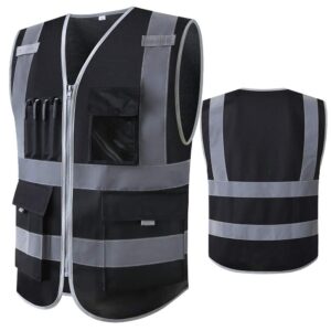 black safety vest reflective with pocket and zipper construction vest with reflective stripes hi vis workwear(black, m)