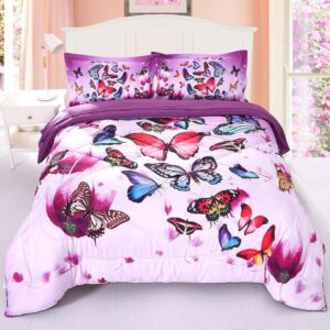 encoft purple butterfly comforter sets full size 3 pieces, girls teen kids quilted bedspread comforter bedding sets, butterfly bedding sets full