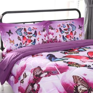 ENCOFT Purple Butterfly Comforter Sets Full Size 3 Pieces, Girls Teen Kids Quilted Bedspread Comforter Bedding Sets, Butterfly Bedding Sets Full