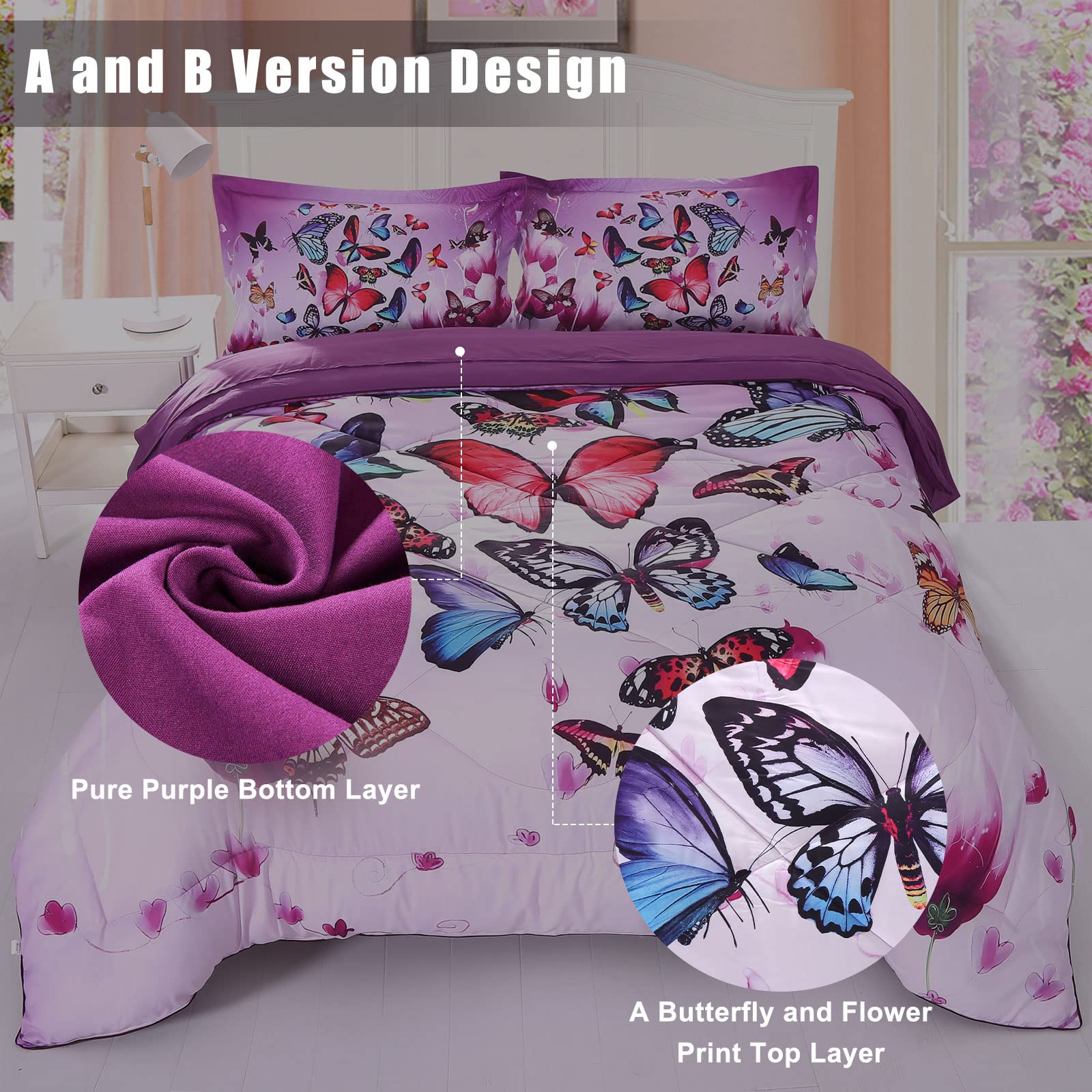 ENCOFT Purple Butterfly Comforter Sets Full Size 3 Pieces, Girls Teen Kids Quilted Bedspread Comforter Bedding Sets, Butterfly Bedding Sets Full