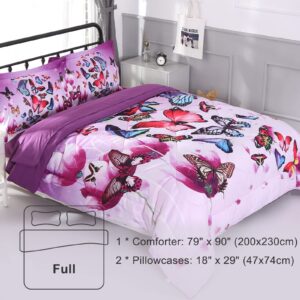 ENCOFT Purple Butterfly Comforter Sets Full Size 3 Pieces, Girls Teen Kids Quilted Bedspread Comforter Bedding Sets, Butterfly Bedding Sets Full