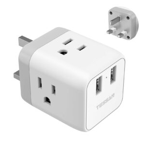 tessan us to uk plug adapter, type g uk travel plug adapter, ireland scotland dubai power adapter with 3 outlets and 2 usb ports, usa to england london british qatar kenya outlet converter