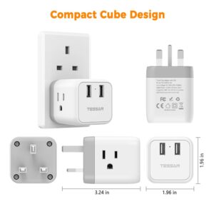 TESSAN US to UK Plug Adapter, Type G UK Travel Plug Adapter, Ireland Scotland Dubai Power Adapter with 3 Outlets and 2 USB Ports, USA to England London British Qatar Kenya Outlet Converter