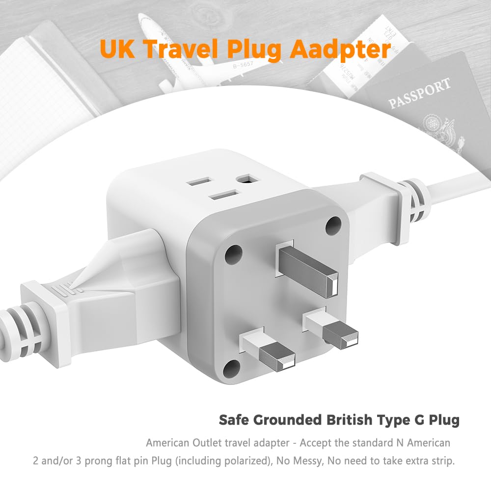 TESSAN US to UK Plug Adapter, Type G UK Travel Plug Adapter, Ireland Scotland Dubai Power Adapter with 3 Outlets and 2 USB Ports, USA to England London British Qatar Kenya Outlet Converter