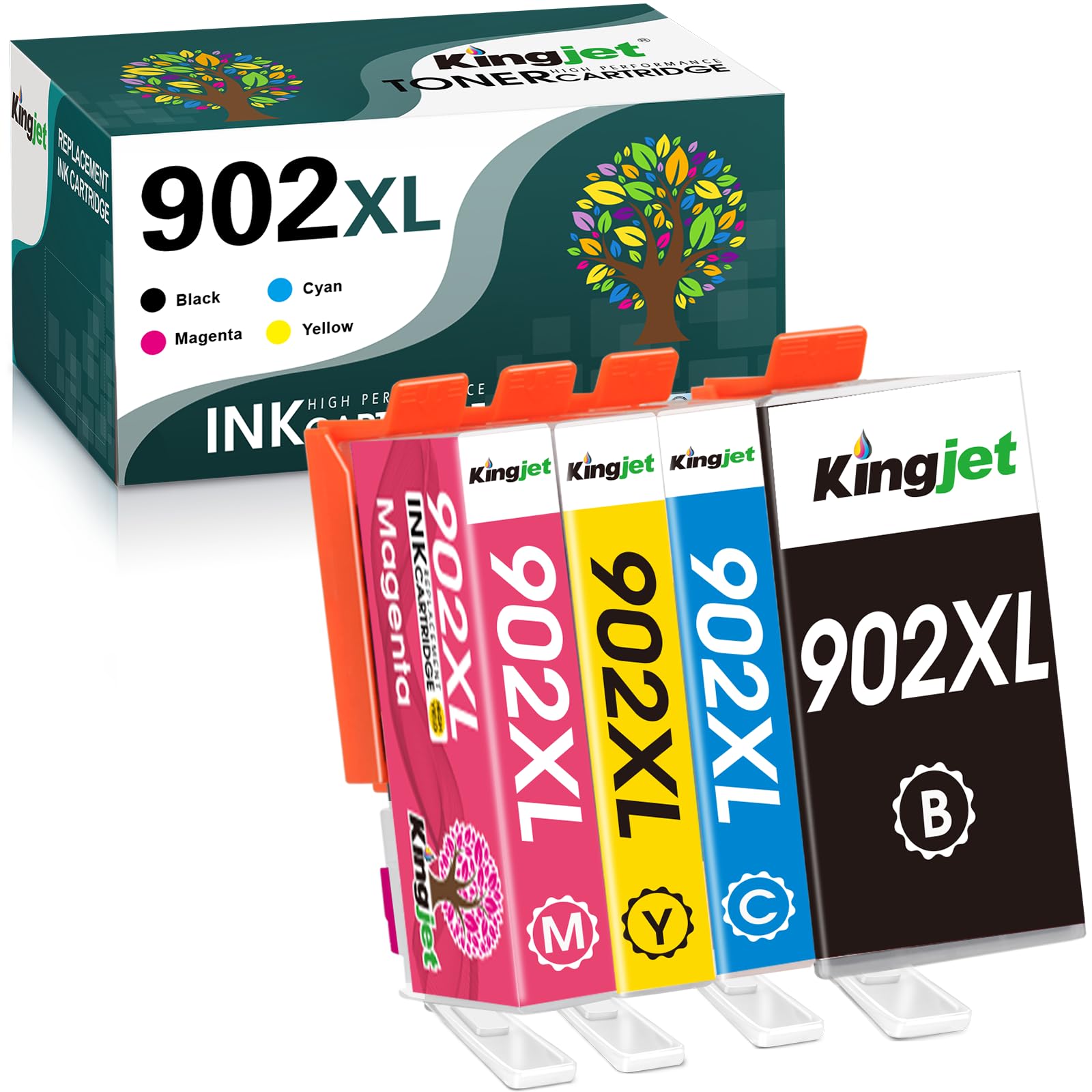 Kingjet 902XL Ink Cartridges for HP Printers Replacement for HP 902XL 902 902 XL Combo Pack for HP Officejet Pro 6978 6968 6970 6958 6962 6975 6960 6954 Printer, 4 Pack for HP 902 Ink Cartridges