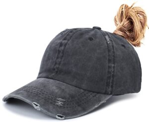 leotruny women washed cotton high ponytail baseball cap (c08-distressed black)