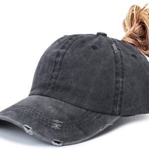 Leotruny Women Washed Cotton High Ponytail Baseball Cap (C08-Distressed Black)