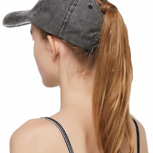 Leotruny Women Washed Cotton High Ponytail Baseball Cap (C08-Distressed Black)