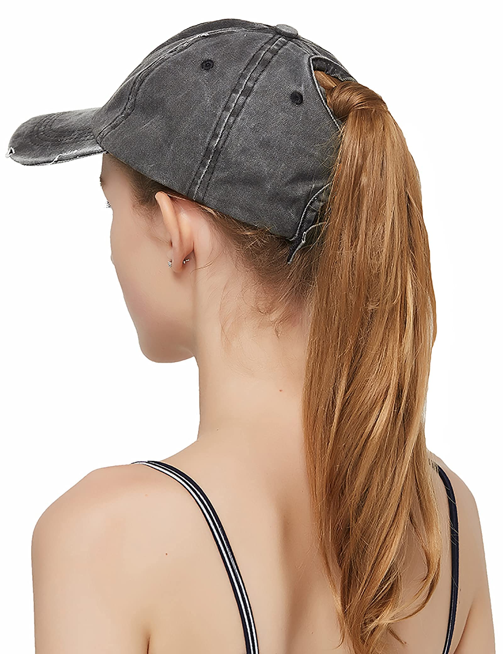 Leotruny Women Washed Cotton High Ponytail Baseball Cap (C08-Distressed Black)