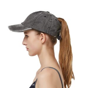 Leotruny Women Washed Cotton High Ponytail Baseball Cap (C08-Distressed Black)