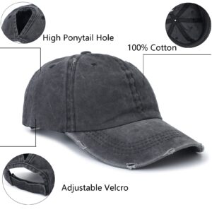 Leotruny Women Washed Cotton High Ponytail Baseball Cap (C08-Distressed Black)