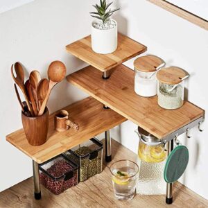 hynawin 3 tier corner shelf bamboo & metal storage spice rack-desk bookshelf display shelves space saving organizer -adjustable rack for kitchen,bedroom, office-creative home décor with hooks