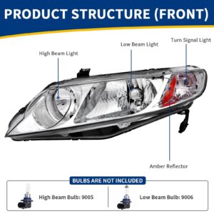 AUTOSAVER88 Headlight Assembly Compatible with 2006-2011 Civic Sedan 4-Door Headlight Assembly Headlamp Replacement with Chrome Housing and Amber Reflector