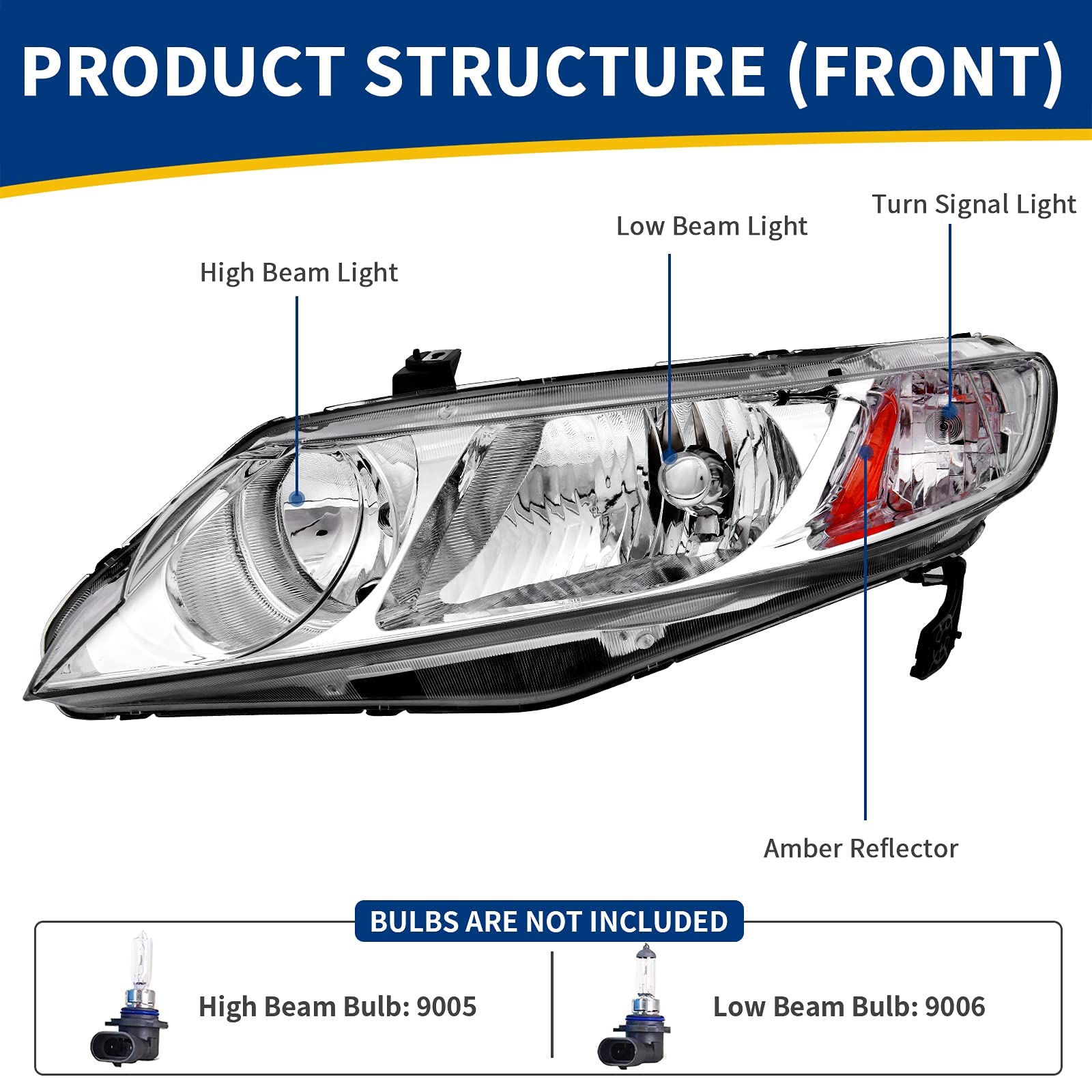 AUTOSAVER88 Headlight Assembly Compatible with 2006-2011 Civic Sedan 4-Door Headlight Assembly Headlamp Replacement with Chrome Housing and Amber Reflector