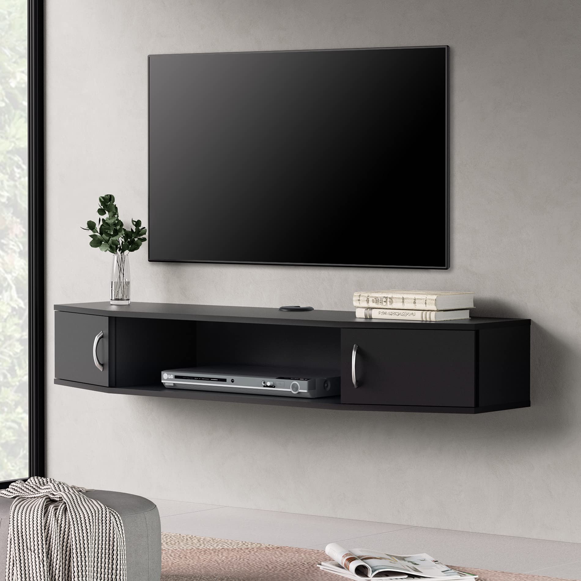 FITUEYES Floating TV Stand Wall Mounted TV Shelf with Door Wood Media Console Entertainment Center Under TV Floating Cabinet Desk Storage Hutch for Home and Office Black