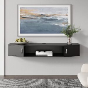 FITUEYES Floating TV Stand Wall Mounted TV Shelf with Door Wood Media Console Entertainment Center Under TV Floating Cabinet Desk Storage Hutch for Home and Office Black