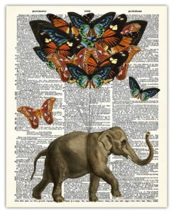 elephant with butterfly balloons dictionary wall art print: unique room decor for boys, men, girls & women - (8x10) unframed picture