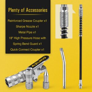 AZUNO Pneumatic Grease Gun, Heavy Duty 6000 PSI Air Compressor Grease Guns with Flex Hose, Metal Extension, Professional Coupler and Sharp Nozzle