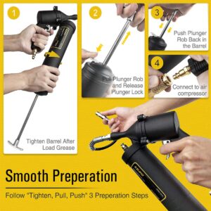 AZUNO Pneumatic Grease Gun, Heavy Duty 6000 PSI Air Compressor Grease Guns with Flex Hose, Metal Extension, Professional Coupler and Sharp Nozzle