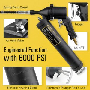 AZUNO Pneumatic Grease Gun, Heavy Duty 6000 PSI Air Compressor Grease Guns with Flex Hose, Metal Extension, Professional Coupler and Sharp Nozzle