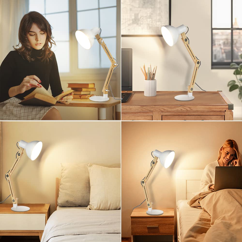 DINGLILIGHTING DLLT Swing Arm Desk Lamp, Wood Adjustable Gooseneck Table Lamp, Modern Architect Desk Light, Reading Light for Work, Study, Bedroom, Home Office, White Metal Shade, E26 Bulb Included